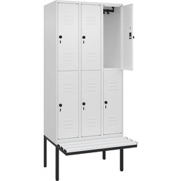 C+P Doppelstock-Spind Classic PLUS Sitzbank, 3 Abteile, verkehrsweiß, B 900 mm, Sicherheits-Drehriegel, auskragend, Kunststoff