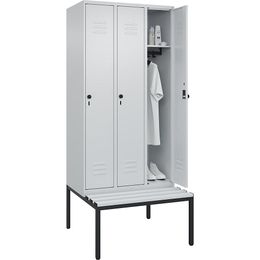C+P Spind Classic PLUS Sitzbank, 3 Abteile, lichtgrau, B 900 mm, Sicherheits-Drehriegel, untergebaut, Kunststoff