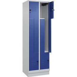 C+P Z-Spind Classic PLUS, 2 Abteile, lichtgrau / enzianblau, B 600 mm, mit Bodensockel, Drehriegel