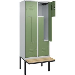 C+P Z-Spind Classic PLUS Sitzbank, 2 Abteile, lichtgrau / resedagrün, B 800 mm, Zylinderschloss, auskragend, Buche-Hartholz