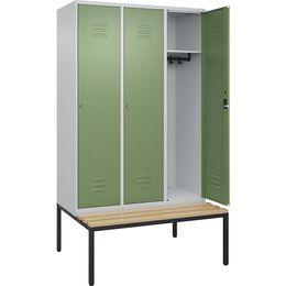 C+P Spind Classic PLUS Sitzbank, 3 Abteile, lichtgrau / resedagrün, B 1200 mm, Zylinderschloss, untergebaut, Buche-Hartholz