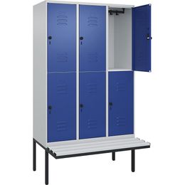 C+P Doppelstock-Spind Classic PLUS Sitzbank, 3 Abteile, lichtgrau / enzianblau, B 1200 mm, Sicherheits-Drehriegel, auskragend, Kunststoff