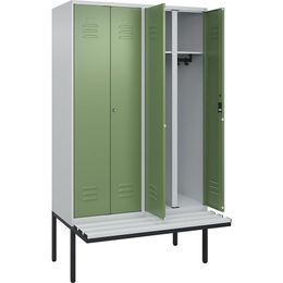 C+P Schwarz-Weiß-Spind Classic PLUS Sitzbank, 2 Abteile, lichtgrau / resedagrün, B 1200 mm, Zylinderschloss, auskragend, Kunststoff