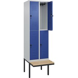 C+P Doppelstock-Spind Classic PLUS Sitzbank, 2 Abteile, lichtgrau / enzianblau, B 600 mm, Sicherheits-Drehriegel, auskragend, Buche-Hartholz