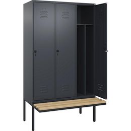 C+P Schwarz-Weiß-Spind Classic PLUS Sitzbank, schmal, 3 Abteile, Trennwand verkürzt, grau, B 1200 mm, Sicherheits-Drehriegel, auskragend, Buche-Hartholz