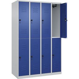 C+P Doppelstock-Spind Classic PLUS, 4 Abteile, lichtgrau / enzianblau, HxB 1850 x 1200 mm, mit Bodengleitern, Drehriegel