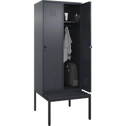 C+P Spind Classic PLUS Sitzbank, 2 Abteile, grau, B 800 mm, Sicherheits-Drehriegel, untergebaut, Kunststoff
