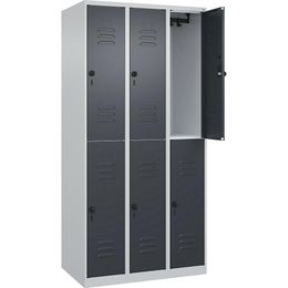 C+P Doppelstock-Spind Classic PLUS, 3 Abteile, lichtgrau / grau, HxB 1850 x 900 mm, mit Bodengleitern, Drehriegel