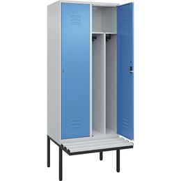 C+P Schwarz-Weiß-Spind Classic PLUS Sitzbank, schmal, 2 Abteile, Trennwand verkürzt, lichtgrau / lichtblau, B 800 mm, Zylinderschloss, auskragend, Kunststoff