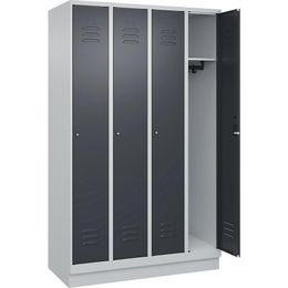 C+P Spind Classic PLUS, 4 Abteile, lichtgrau / grau, B 1200 mm, mit Bodensockel, Zylinderschloss