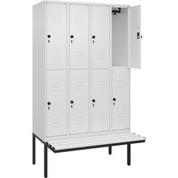 C+P Doppelstock-Spind Classic PLUS Sitzbank, 4 Abteile, verkehrsweiß, B 1200 mm, Sicherheits-Drehriegel, auskragend, Kunststoff