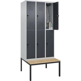 C+P Doppelstock-Spind Classic PLUS Sitzbank, 3 Abteile, lichtgrau / grau, B 900 mm, Sicherheits-Drehriegel, untergebaut, Buche-Hartholz