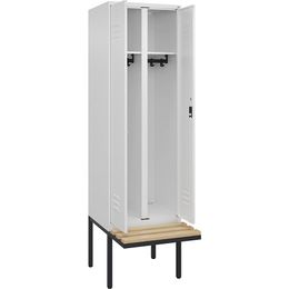 C+P Schwarz-Weiß-Spind Classic PLUS Sitzbank, 1 Abteil, verkehrsweiß, B 600 mm, Zylinderschloss, auskragend, Buche-Hartholz