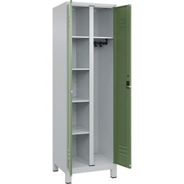 C+P Putzmittelspind Classic PLUS, 1 Abteil, Trennwand mittig, lichtgrau / resedagrün, B 600 mm, mit Füßen, Zylinderschloss