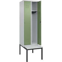 C+P Spind Classic PLUS Sitzbank, 2 Abteile, lichtgrau / resedagrün, B 600 mm, Zylinderschloss, untergebaut, Kunststoff