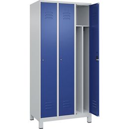 C+P Schwarz-Weiß-Spind Classic PLUS, schmal, 3 Abteile, Trennwand verkürzt, lichtgrau / enzianblau, B 900 mm, mit Füßen, Zylinderschloss, Trennwand mittig