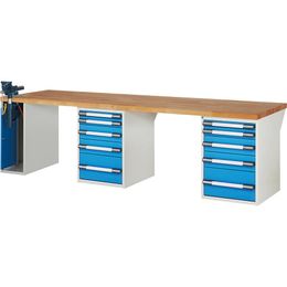 eurokraft pro Werkbank, Baukastensystem Serie 7000, 10 Schubladen, 1 Schraubstock linkseitig, BxT 3000 x 900 mm