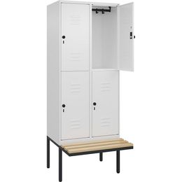 C+P Doppelstock-Spind Classic PLUS Sitzbank, 2 Abteile, verkehrsweiß, B 800 mm, Sicherheits-Drehriegel, auskragend, Buche-Hartholz