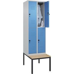 C+P Doppelstock-Spind Classic PLUS Sitzbank, 2 Abteile, lichtgrau / lichtblau, B 600 mm, Sicherheits-Drehriegel, untergebaut, Buche-Hartholz