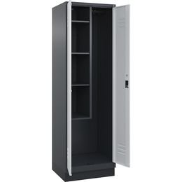C+P Putzmittelspind Classic PLUS, 1 Abteil, Trennwand mittig, verkürzt, grau, B 600 mm, mit Bodensockel, Zylinderschloss