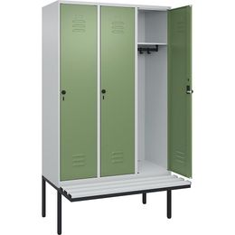 C+P Spind Classic PLUS Sitzbank, 3 Abteile, lichtgrau / resedagrün, B 1200 mm, Sicherheits-Drehriegel, auskragend, Kunststoff