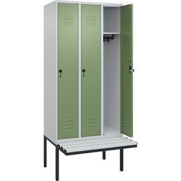 C+P Spind Classic PLUS Sitzbank, 3 Abteile, lichtgrau / resedagrün, B 900 mm, Sicherheits-Drehriegel, auskragend, Kunststoff
