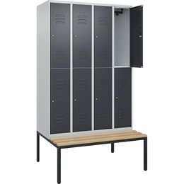 C+P Doppelstock-Spind Classic PLUS Sitzbank, 4 Abteile, lichtgrau / grau, B 1200 mm, Zylinderschloss, untergebaut, Buche-Hartholz