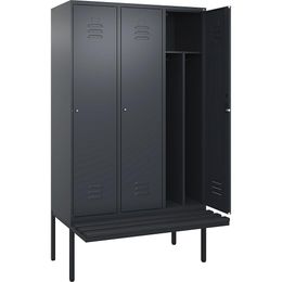 C+P Schwarz-Weiß-Spind Classic PLUS Sitzbank, schmal, 3 Abteile, Trennwand verkürzt, grau, B 1200 mm, Zylinderschloss, auskragend, Kunststoff
