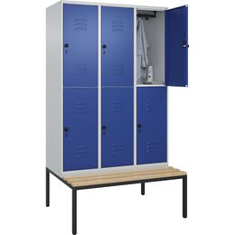 C+P Doppelstock-Spind Classic PLUS Sitzbank, 3 Abteile, lichtgrau / enzianblau, B 1200 mm, Sicherheits-Drehriegel, untergebaut, Buche-Hartholz