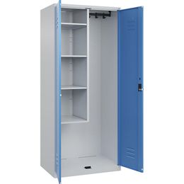 C+P Putzmittelspind Classic PLUS, 1 Abteil, Trennwand mittig, verkürzt, lichtgrau / lichtblau, B 800 mm, mit Bodengleitern, Drehriegel