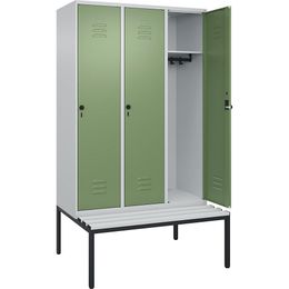 C+P Spind Classic PLUS Sitzbank, 3 Abteile, lichtgrau / resedagrün, B 1200 mm, Sicherheits-Drehriegel, untergebaut, Kunststoff