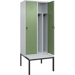C+P Schwarz-Weiß-Spind Classic PLUS Sitzbank, schmal, 2 Abteile, Trennwand verkürzt, lichtgrau / resedagrün, B 800 mm, Sicherheits-Drehriegel, untergebaut, Kunststoff