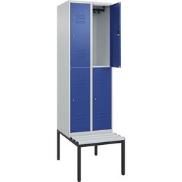 C+P Doppelstock-Spind Classic PLUS Sitzbank, 2 Abteile, lichtgrau / enzianblau, B 600 mm, Zylinderschloss, untergebaut, Kunststoff