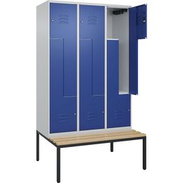 C+P Z-Spind Classic PLUS Sitzbank, 3 Abteile, lichtgrau / enzianblau, B 1200 mm, Zylinderschloss, untergebaut, Buche-Hartholz