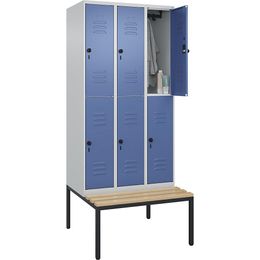 C+P Doppelstock-Spind Classic PLUS Sitzbank, 3 Abteile, lichtgrau / fernblau, B 900 mm, Sicherheits-Drehriegel, untergebaut, Buche-Hartholz