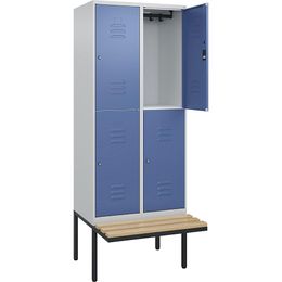 C+P Doppelstock-Spind Classic PLUS Sitzbank, 2 Abteile, lichtgrau / fernblau, B 800 mm, Zylinderschloss, auskragend, Buche-Hartholz