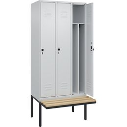 C+P Schwarz-Weiß-Spind Classic PLUS Sitzbank, schmal, 3 Abteile, Trennwand verkürzt, lichtgrau, B 900 mm, Sicherheits-Drehriegel, auskragend, Buche-Hartholz
