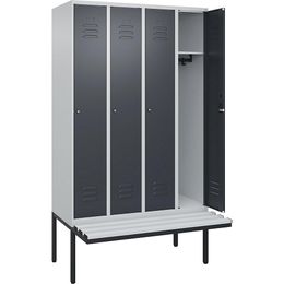 C+P Spind Classic PLUS Sitzbank, 4 Abteile, lichtgrau / grau, B 1200 mm, Zylinderschloss, auskragend, Kunststoff