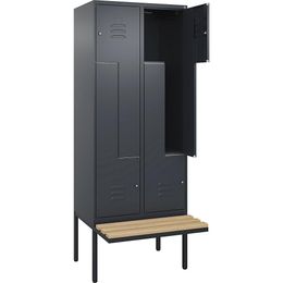 C+P Z-Spind Classic PLUS Sitzbank, 2 Abteile, grau, B 800 mm, Zylinderschloss, auskragend, Buche-Hartholz