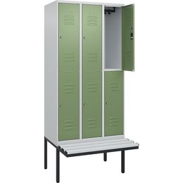 C+P Doppelstock-Spind Classic PLUS Sitzbank, 3 Abteile, lichtgrau / resedagrün, B 900 mm, Zylinderschloss, auskragend, Kunststoff