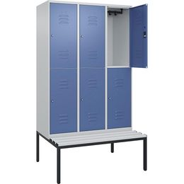 C+P Doppelstock-Spind Classic PLUS Sitzbank, 3 Abteile, lichtgrau / fernblau, B 1200 mm, Zylinderschloss, untergebaut, Kunststoff