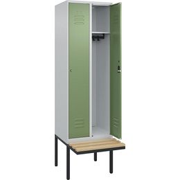 C+P Spind Classic PLUS Sitzbank, 2 Abteile, lichtgrau / resedagrün, B 600 mm, Zylinderschloss, auskragend, Buche-Hartholz