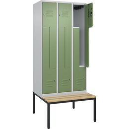 C+P Z-Spind Classic PLUS Sitzbank, 3 Abteile, lichtgrau / resedagrün, B 900 mm, Zylinderschloss, untergebaut, Buche-Hartholz