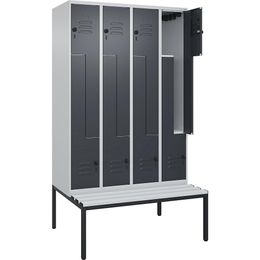 C+P Z-Spind Classic PLUS Sitzbank, 4 Abteile, lichtgrau / grau, B 1200 mm, Sicherheits-Drehriegel, untergebaut, Kunststoff