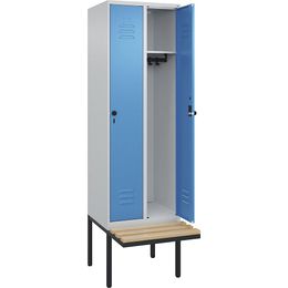 C+P Spind Classic PLUS Sitzbank, 2 Abteile, lichtgrau / lichtblau, B 600 mm, Sicherheits-Drehriegel, auskragend, Buche-Hartholz