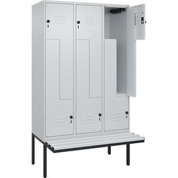 C+P Z-Spind Classic PLUS Sitzbank, 3 Abteile, lichtgrau, B 1200 mm, Sicherheits-Drehriegel, auskragend, Kunststoff