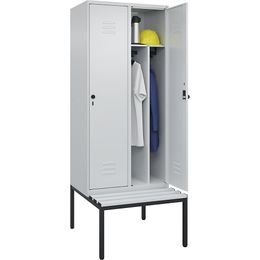 C+P Schwarz-Weiß-Spind Classic PLUS Sitzbank, schmal, 2 Abteile, Trennwand verkürzt, lichtgrau, B 800 mm, Sicherheits-Drehriegel, untergebaut, Kunststoff