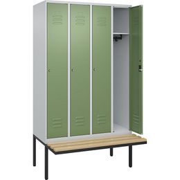 C+P Spind Classic PLUS Sitzbank, 4 Abteile, lichtgrau / resedagrün, B 1200 mm, Zylinderschloss, auskragend, Buche-Hartholz