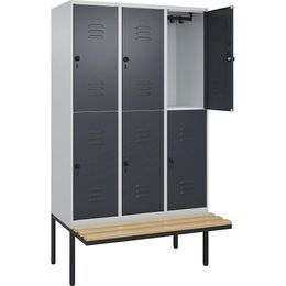 C+P Doppelstock-Spind Classic PLUS Sitzbank, 3 Abteile, lichtgrau / grau, B 1200 mm, Sicherheits-Drehriegel, auskragend, Buche-Hartholz