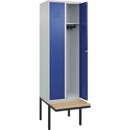 C+P Spind Classic PLUS Sitzbank, 2 Abteile, lichtgrau / enzianblau, B 600 mm, Zylinderschloss, auskragend, Buche-Hartholz
